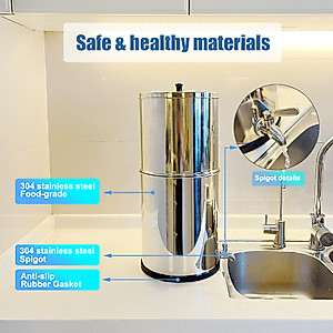 Shurex 2.25 Gal Stainless-Steel Tank Gravity-fed Water Filter System with 2 Black Elements Filters and Stainless-Steel Spigot, Countertop Filtration System for Home, Camping, RV, Fishing