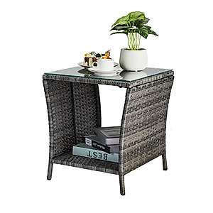 VINGLI Outdoor Wicker Side Table Patio Side Tables for Outside, Tempered Glass Top Wicker Table with Storage End Table for Balcony Porch Deck (Grey)