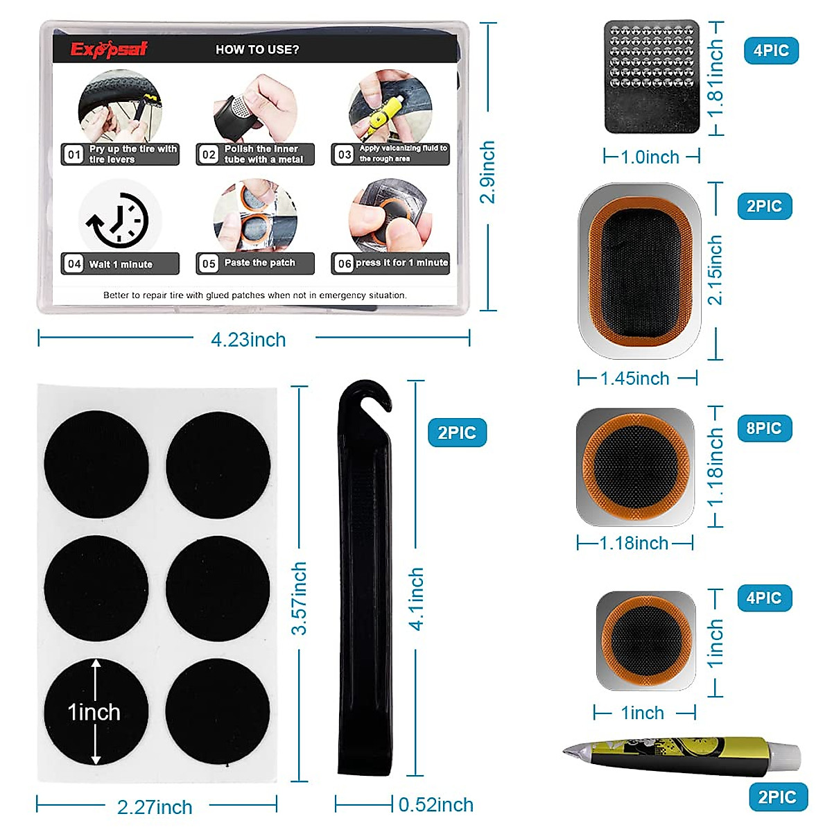 Exppsaf Bike Inner Tire Patch Repair Kit - with 15 PCS Vulcanizing Patches, 6 PCS Pre Glued Patchs, Portable Storage Box, Metal Rasp and Lever - Also for MTB BMX Road Mountain Bicycle Travel