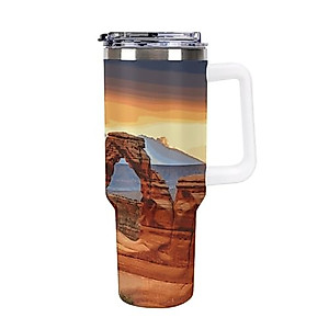 LLUTSNTH 40 Oz Vacuum Tumbler with White Handle Leakproof Insulated Tumbler Arches National Park Stainless Steel Travel Mug with Lid And Straw Coffee Cup Cute Water Bottles Cup Holder Friendly