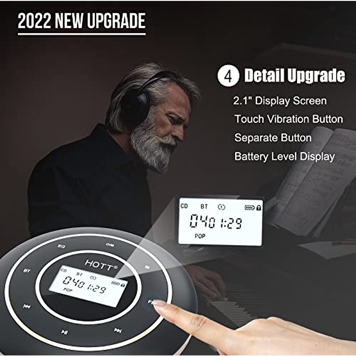 HOTT C105 Portable CD Player with HiFi Bluetooth 5.0 and FM Transmitter,Rechargeable 1800mAh with Touch Vibration Button and 2.1" LCD Screen Aux for Car Audio Radio and Home Wireless Headset Speaker