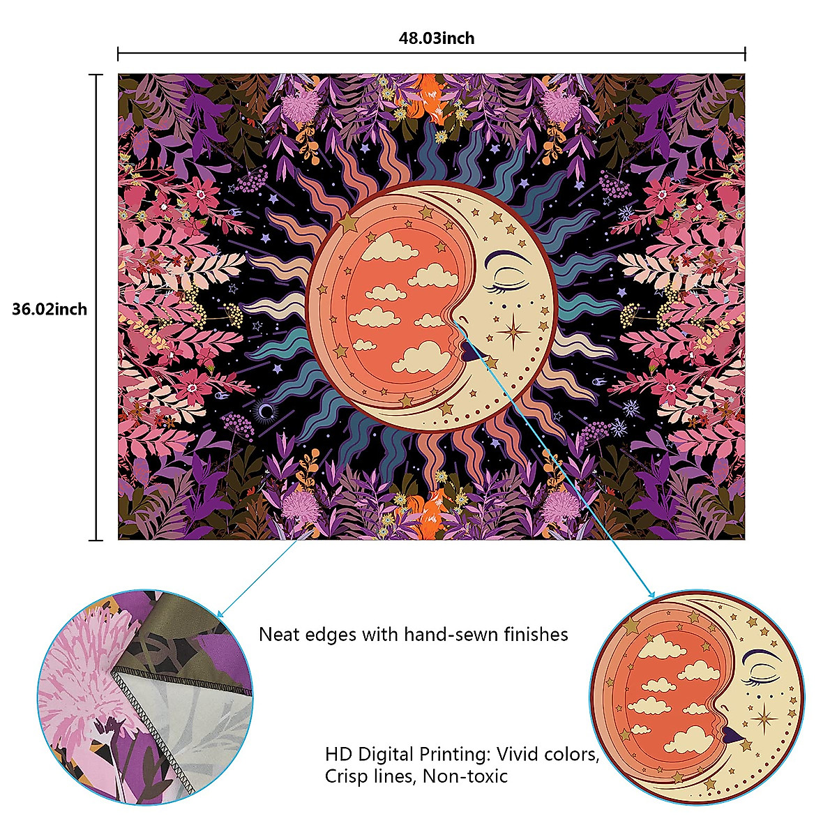 Uspring Moon Garden Tapestry Plants Flowers Tapestries Moon and Stars Tapestry Mandala Wall Tapestry Mystical Colorful Tapestry Wall Hanging for Room (36 × 48 inches)