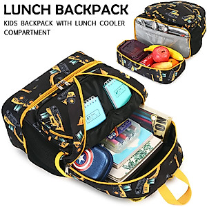 LEDAOU Kids School Backpack with Lunch Cooler Compartment 2 in 1 Boys Girls Bookbag and Insulated Lunch Bag for Preschool Kindergarten Elementary (Construction Vehicle)