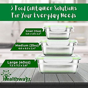 Healthwayz Stainless Steel Food Containers Set of 3 Stackable Lunch Boxes Sandwich Salad Containers for Kids Adults Kitchen Storage Leak Proof BPA-Free Eco Friendly Bonus Recipe eBook & Videos