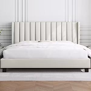 Yaheetech King Bed Frame Upholstered Platform Bed with Fabric Headboard, Wing Edge Design/Non-Slip and Noise-Free/Wooden Slats Support/No Box Spring Needed/Easy Assembly, Beige King Bed