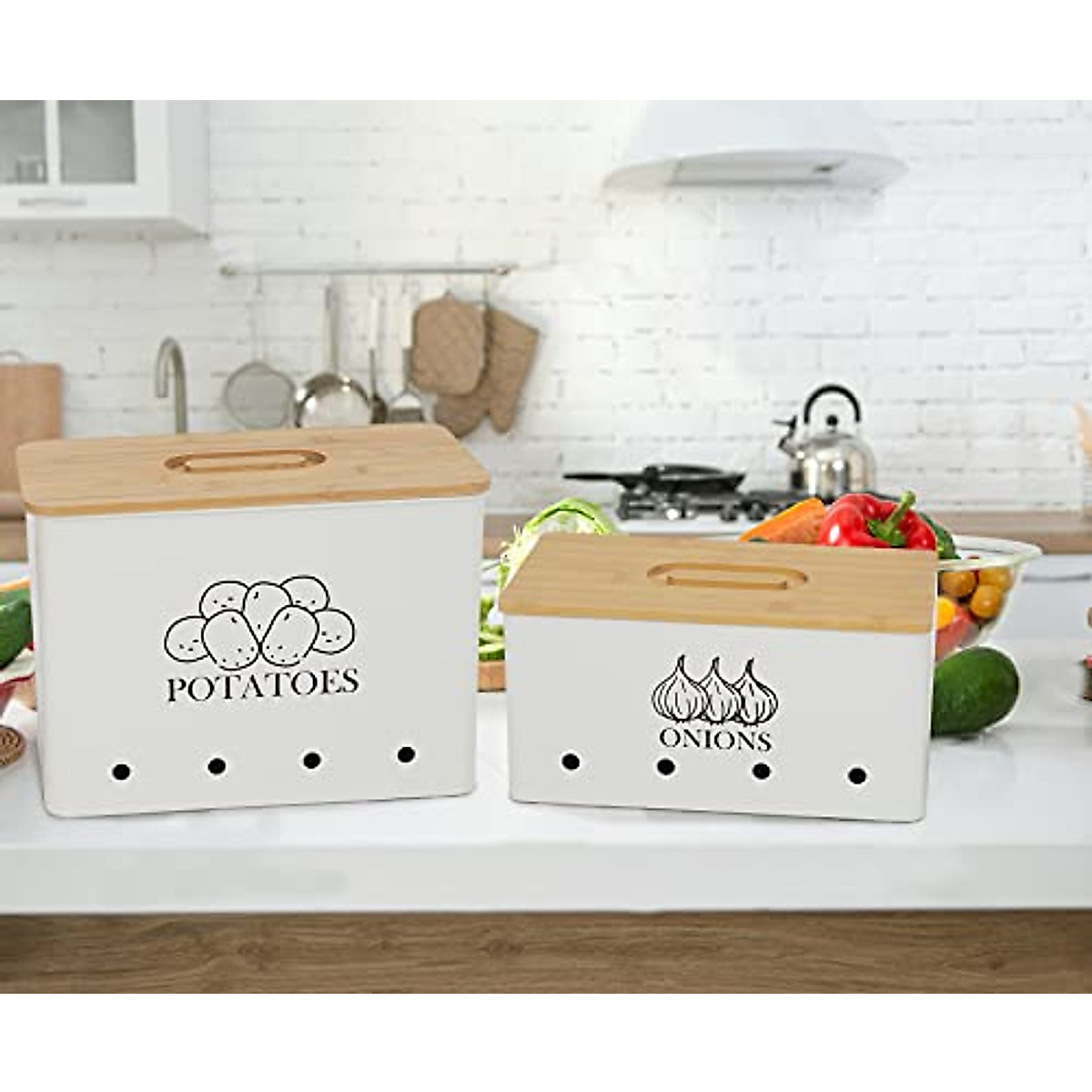 Gdfjiy Potato Onion Kitchen Storage Canisters,Storage Bin For Kitchen 2 Pack Set,potatoe, Potato Storage Box，storage And Long Shelf Life With Aerating Tin Storage Holes-white