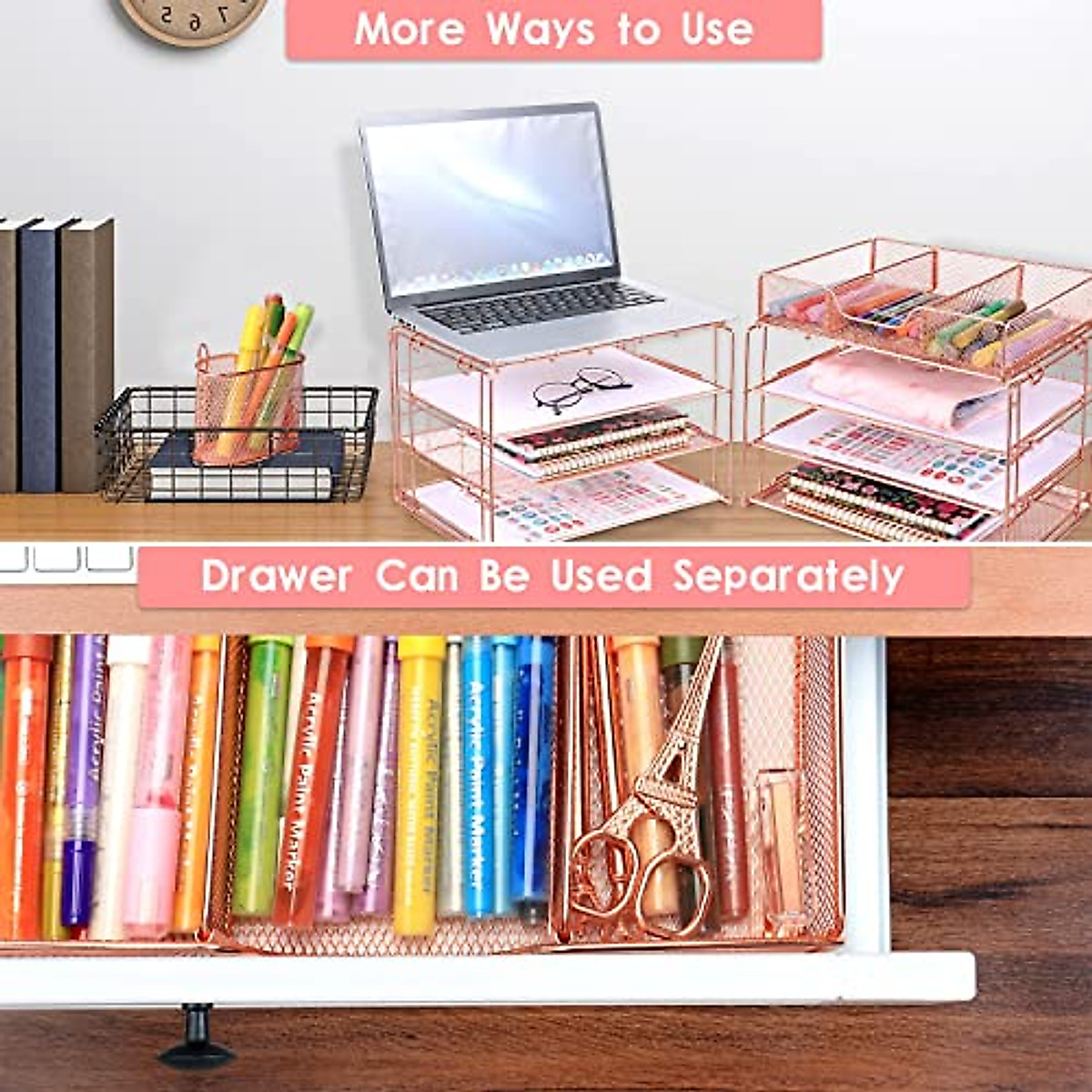 Desk Organizers and Accessories, 4 Tier Desk Organizers with 5 Upright Sections, 2 Pen Holders and Drawer, Desk accessories & workspace organizers, for School Home Office Supplies Organizer, Rose Gold