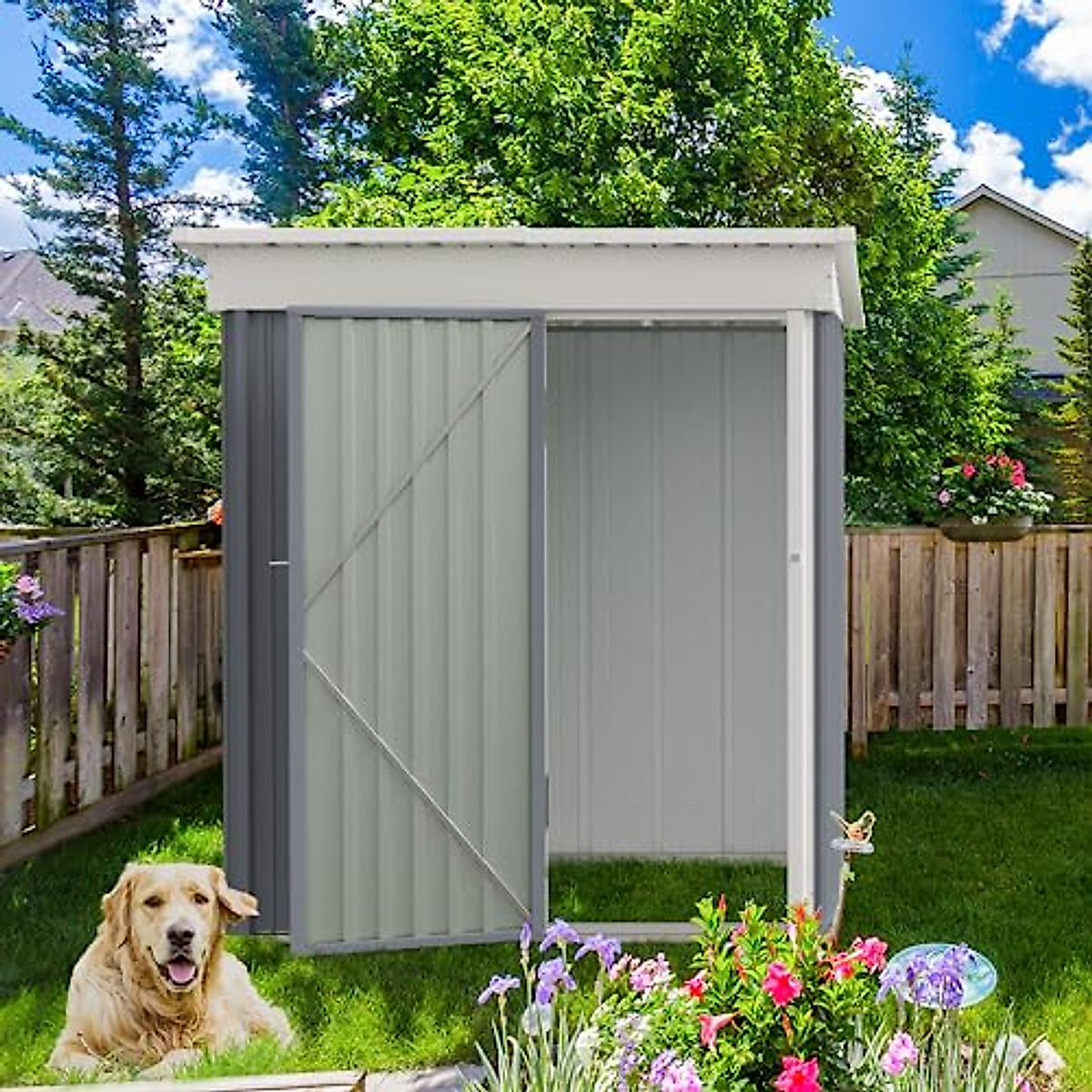 Outdoor Storage Shed, Amopatio Heavy Duty Galvanized Metal Garden Shed Backyard Storage Shed Outside Tool Storage Shed House (5' x 3', Grey)