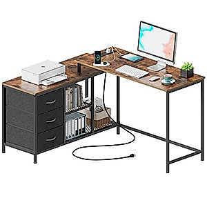 SUPERJARE L Shaped Desk with Power Outlets, Computer Desk with Drawers & Shelves, Corner Desk Gaming Desk Home Office Desk, Rustic Brown