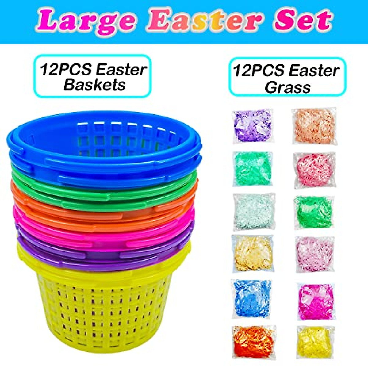 Easter Baskets Bulk, 12+12PCS Plastic Easter Baskets Small and Colorful Easter Grass Stuffers, Easter Bucket with Handles for Kids Boys Girls, Fillers Easter Round Baskets for Party Easter Hunt