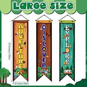 Chiisong 3 Pcs Camping Party Banners Camping Door Porch Sign Camping Party Decoration Camper Adventure Sign Welcome Camping Banner for Camping Theme Birthday Party Classroom Campsite Decorations
