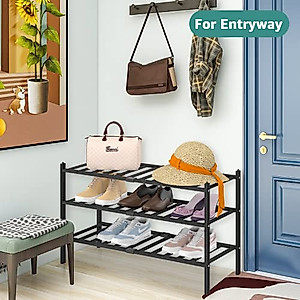 Goramio 3 Tier Bamboo Shoe Rack - Sturdy Shoe Rack for Entryway, Closet, Hallway, Living Room - Free Standing Small Shoe Shelf - Premium Stackable Shoe Storage Organizer - 27''×11''×18'' - Black