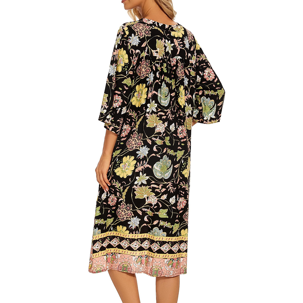 AVIIER House Dress Womens 3/4 Sleeve Floral Print Nightdress with Pockets (Black Flower, Large)