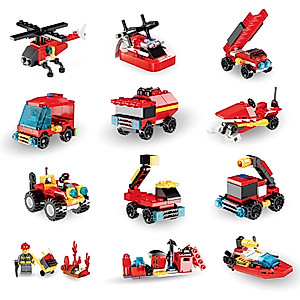 DESOOA Mini Building Blocks Fire Truck Sets, 12 Boxes STEM Mini Building Toys with Construction Trucks Fire Trucks Police Cars Plane for Boys Girls Birthday