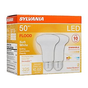 SYLVANIA LED Flood R20 Light Bulb, 50W=5W, 10 Year, 325 Lumens, E26 Medium Base, Dimmable, 2700K, Soft White - 2 Pack (73993)