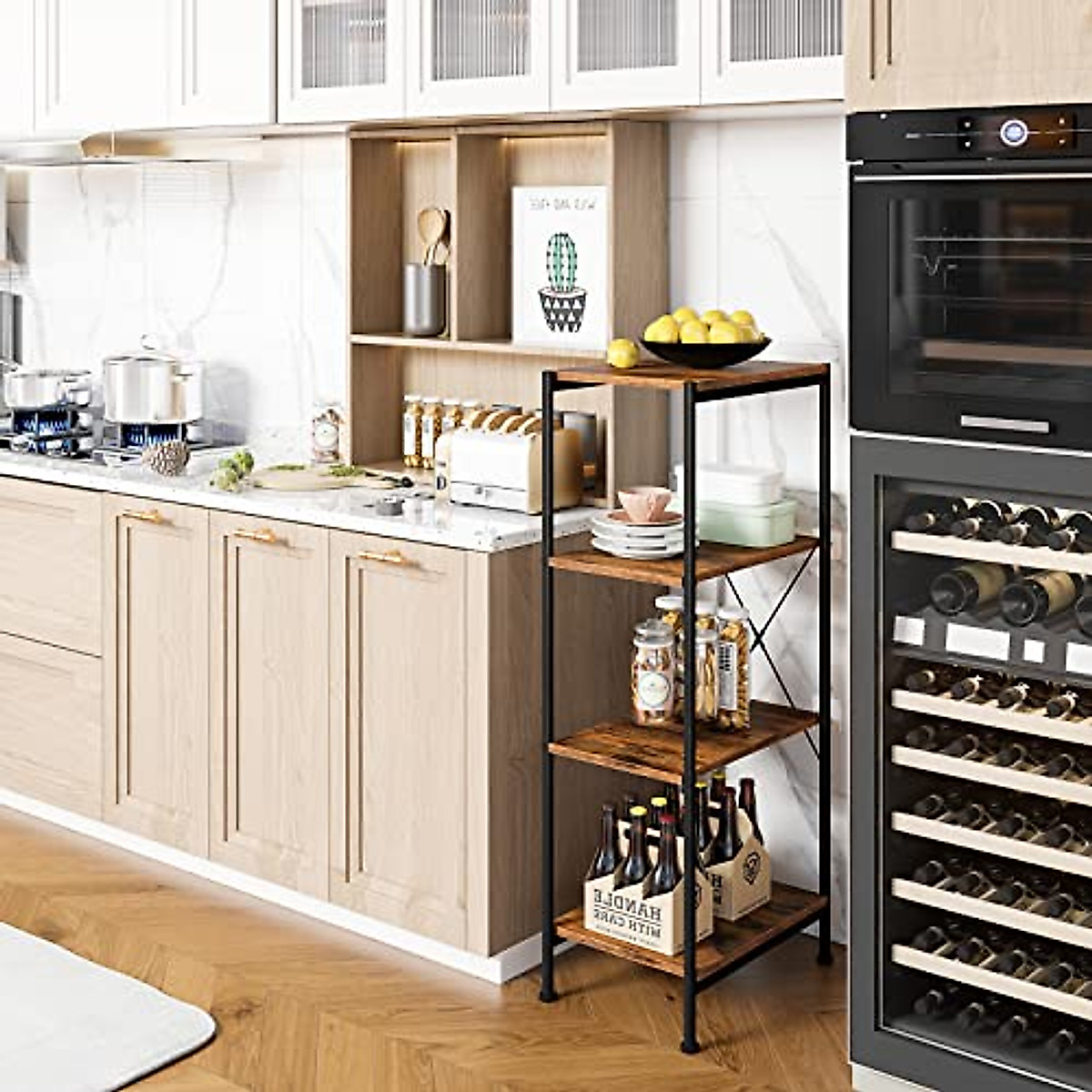 4 Tier Storage Shelves Narrow Shelf Unit Metal Shelves Shelf Free Standing Shelf Organisers Modern Shelf Ladder Shelf Bookshelf for Bathroom Kitchen Bedroom Hallway Steel & Wooden Black & Brown