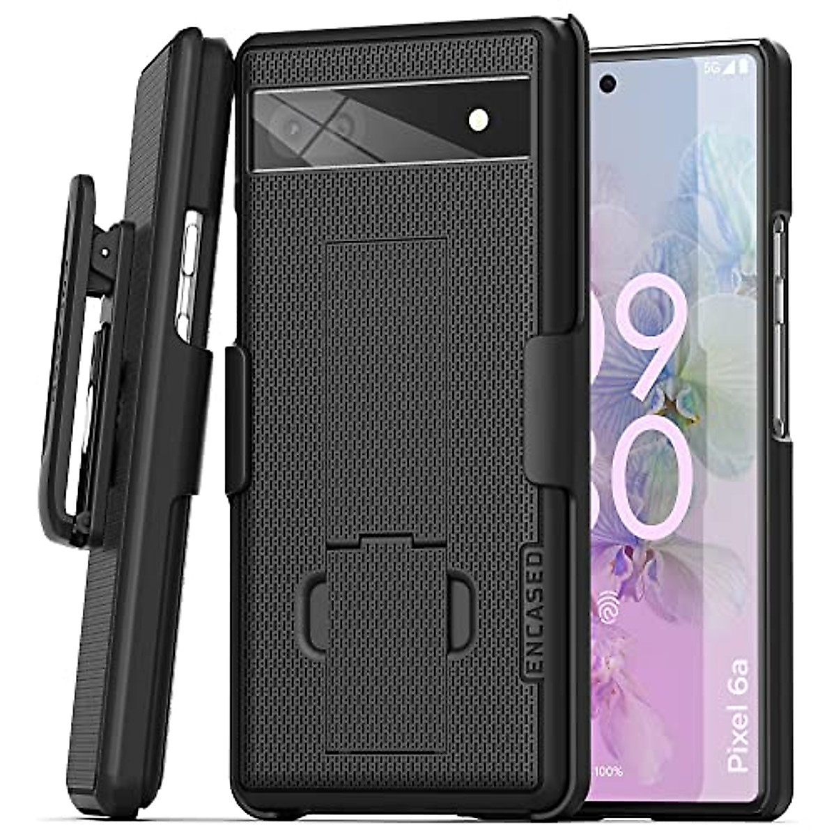 Encased DuraClip Designed for Pixel 6a Belt Clip Case (Slim-fit) Phone Holster Case with Kickstand, Black (Google Pixel 6a)
