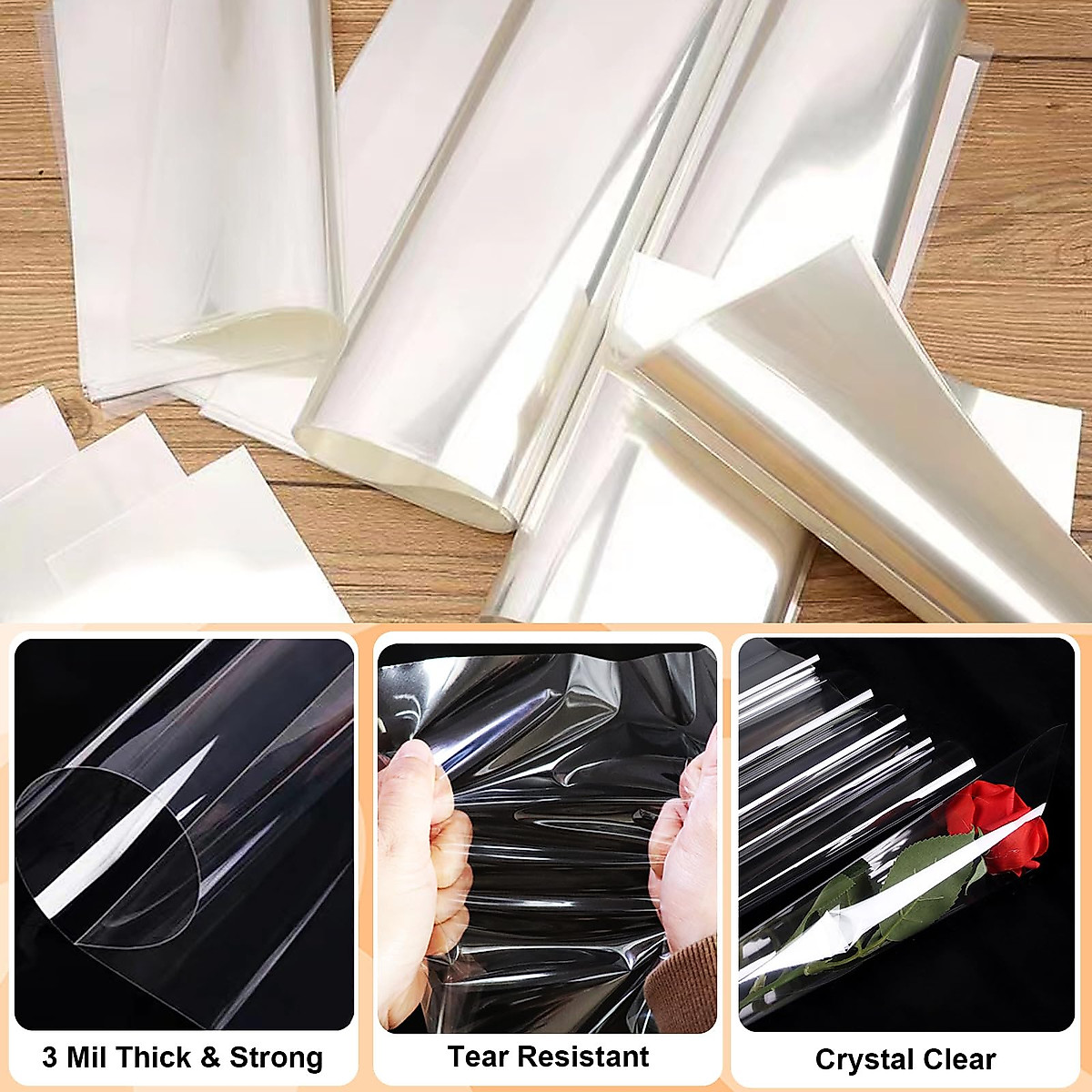 SYOGUA 150 Pcs Clear Cellophane Sheets, 9 x 9 Inches 3 Mil Thick Candy Wrapper Clear Gift Wrap Sheet, Crystal Clear Cellophane Wrap Paper for Treats, Candies, Cake Pop, Henna Cones, DIY Crafts