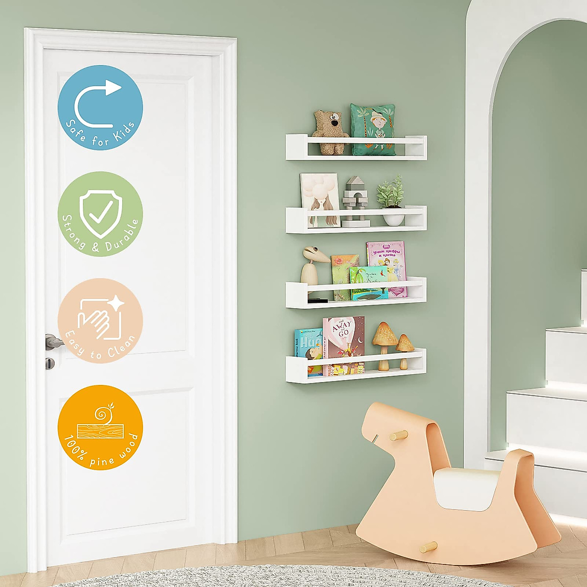 Forbena 24 Inch Wall Bookshelf for Kids Bedroom Set of 4, White Floating Nursery Book Shelves for Baby Toddler Children Girls Boys Room Decor, Large Wood Wall Mount Bookshelves and Toy Storage