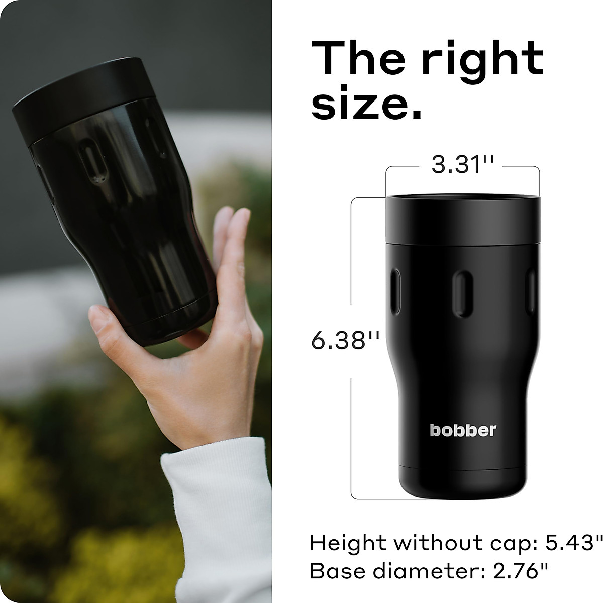 BOBBER - 12 OZ Vacuum Insulated Stainless Steel Portable Travel Coffee Mug With 100% Leakproof Locked Lid (Black Coffee)