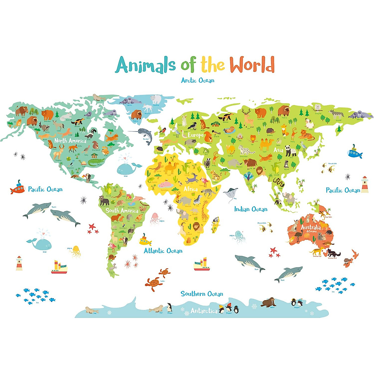 DECOWALL DL-1815 Animals of The World Kids Wall Stickers Wall Decals Peel and Stick Removable Wall Stickers for Kids Nursery Bedroom Living Room