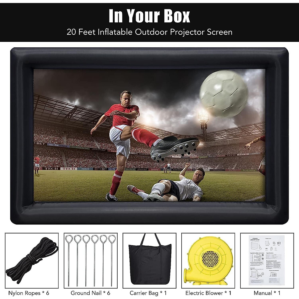 Inflatable Projector Screen, 20FT Portable Blow Up Outside Projector Screen, Front & Rear Projection, with Rope, Air Blower, Ground Nails and Carry Bag, for Theater/Football/Backyard Party