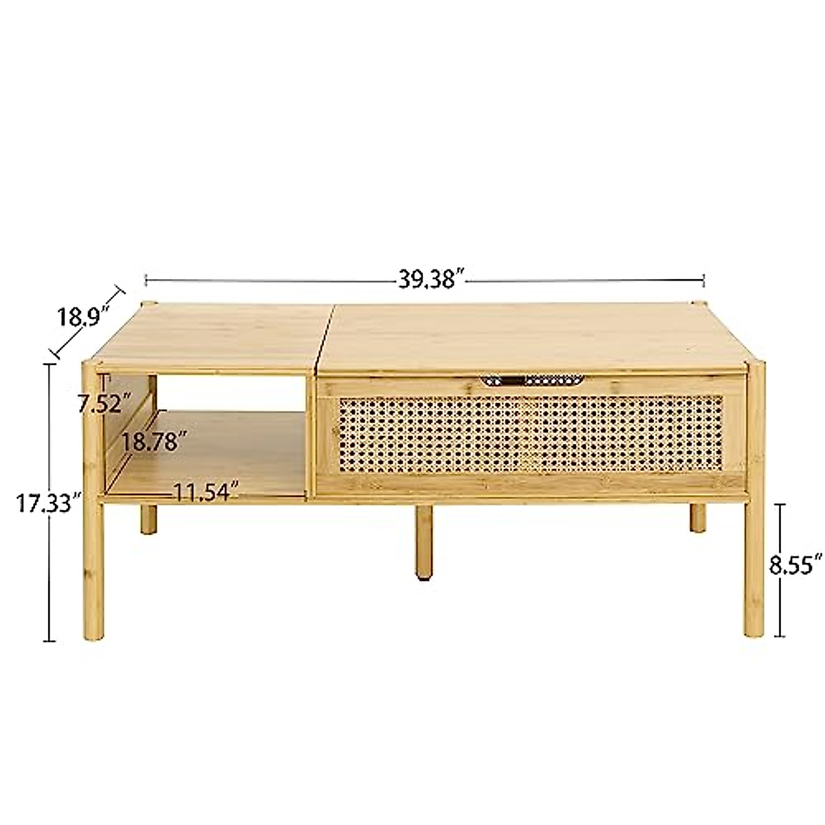 Modern Natural Bamboo and Rattan Table, Lift Coffee Table. Adjustable Storage Rack Living Room