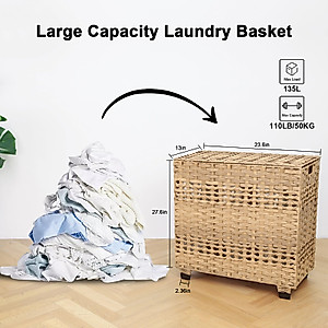 OIAHOMY Laundry Hamper with Lid, 135L Clothes Hamper with 3 Removable Liner Bags, Foldable Laundry Hamper for Bedroom, Synthetic Wicker Hamper with Lid, 27x 13 x 26 Inches, Yellow