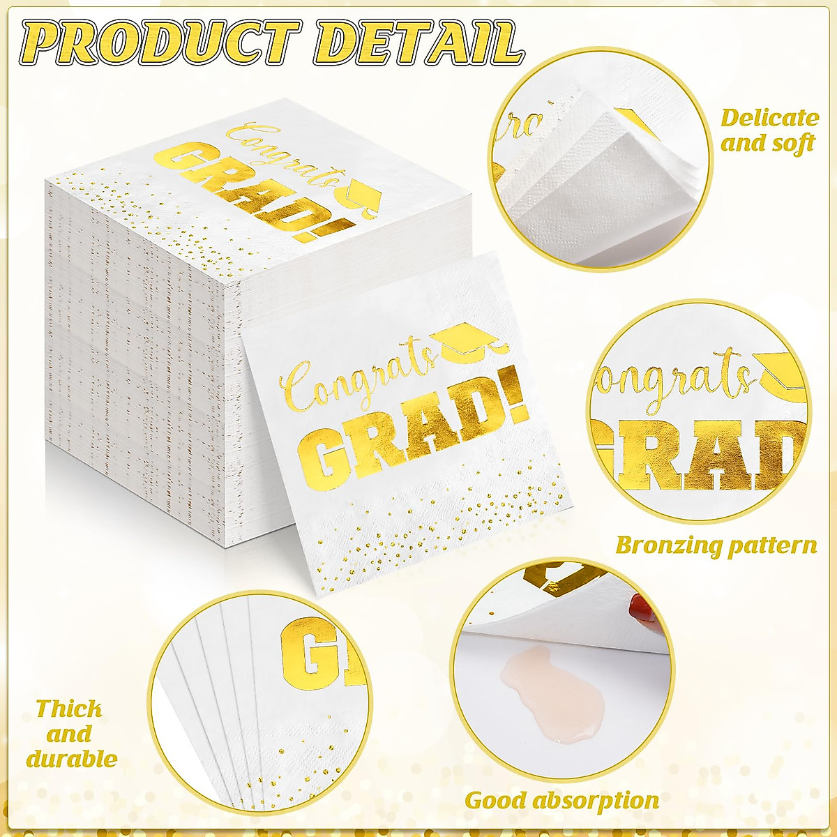 100 Pcs Graduation Napkins Party Decorations, Class of 2024 Congrats Gard Paper Cocktail Napkins, White and Gold Foil Napkins Disposable for High School College Graduation Party Supplies, Gold