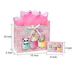Loveinside Baby Girl Gift Bag Pink Animal Design with Tissue Paper and Greeting Card for Baby Shower, New Parents, and More - 13" x 10" x 5", 1 Pcs
