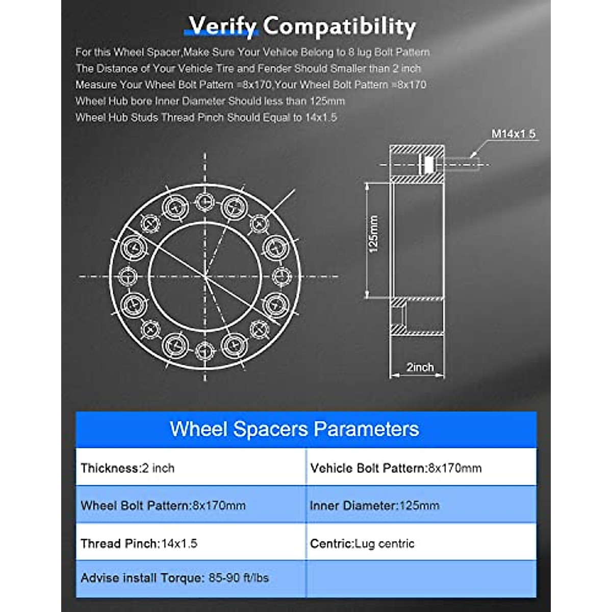 ECCPP 4pcs 8x170 Wheel Spacers 8 LUG 2" (50mm) 8x170mm to 8X170mm 125mm fits for 2003-2005 for Excursion || 2003-2018 for F-250 Super Duty for F-350 Super Duty with 14x1.5 Studs