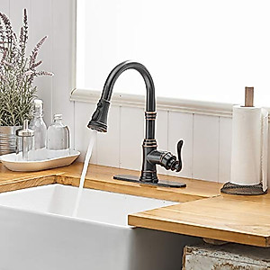 BATHFINESSE Kitchen Faucet, Oil Rubbed Bronze Finish, 360 Degree Swivel, 20-Inch Retractable Hose, Easy to Install, 3-Hole Mount