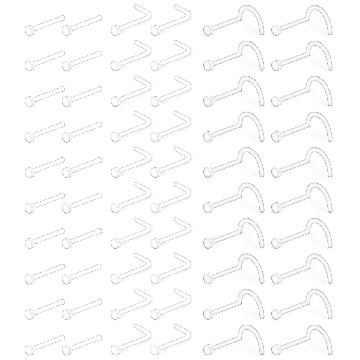 Ftovosyo 60 Pieces Clear Nose Ring L Shape Screw Bone Flexible Acrylic Nose Stud Retainer Body Piercing for Women Men 22G Flat Size 2mm