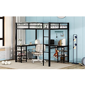 GJHOME Full Metal Loft Bed with Desk and Shelves, Loft Bed with Ladder and Guardrails, Loft Bed Frame for Bedroom (Black)
