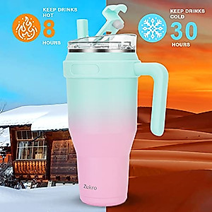 Zukro 40 oz Mug Tumbler With Handle And Flip Straw, Leakproof Vacuum Insulated Stainless Steel Cup Water Bottle with 2-in-1 Lid,Large Travel Mug Fit in Cup Holder, Keeps Cold for 30 Hours, Bubblegum