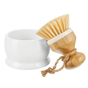 mDesign Bamboo Wood Round Mini Palm Scrub Brush with Holder for Kitchen Sink, Bathroom, Household Cleaning - Wash Dishes, Pots, Pans, Vegetables - Echo Collection - White/Natural