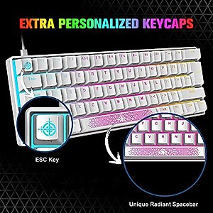 Mechanical Mini RGB Gaming Keyboard and Mouse Combo with Compact 62Key Layout Rainbow Backlight Anti-ghosting 6400DPI Honeycomb Mice Type-C Wired for PC Mac Gamer Laptop Typists DIY(White/Blue Switch)