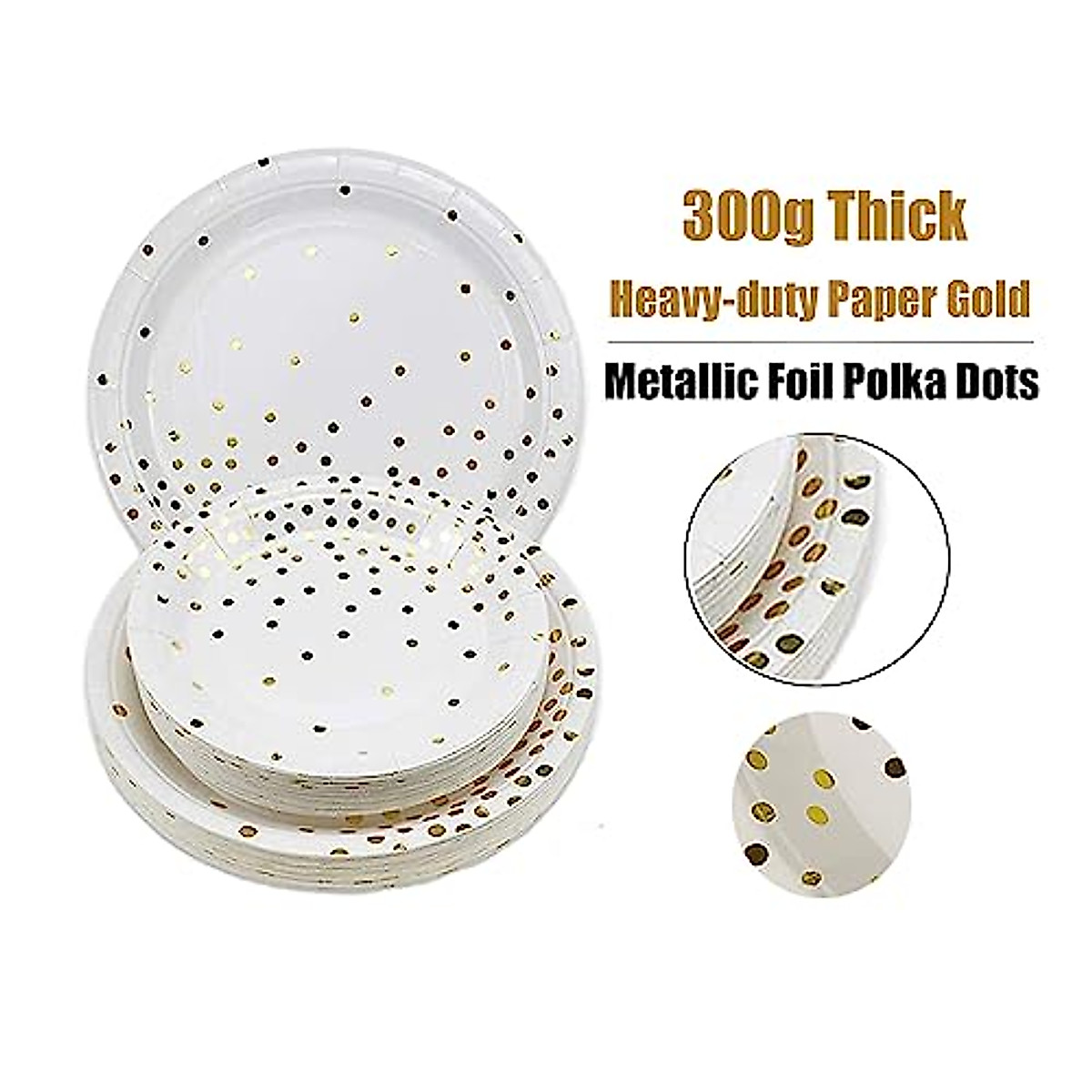 Guang Mao White and Gold Party Supplies-180 PCS Serves 30 Dinnerware Gold Dot Paper Plate, Napkins, Gold Plastic Forks Knives Spoons for Graduation, Birthday, Cocktail Party