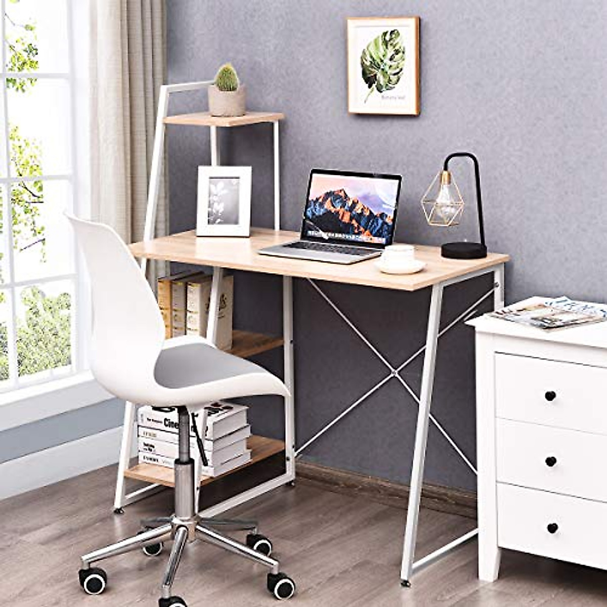 Tangkula Computer Desk with 4 Tier Shelves, Writing Desk Study Desk, Compact Computer Desk Workstation with X-Shaped Metal Frame & Adjustable Foot Pads, Home Office Desk (Natural)