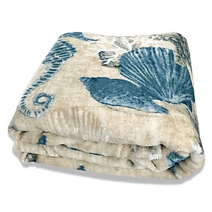 Decorative Ocean Life Coastal Throw Blanket: Soft Plush Velvet Fleece Calming Hues of Blues Beige Tan, Accent for Sofa Couch Chair Bed or Dorm (Ocean Life)
