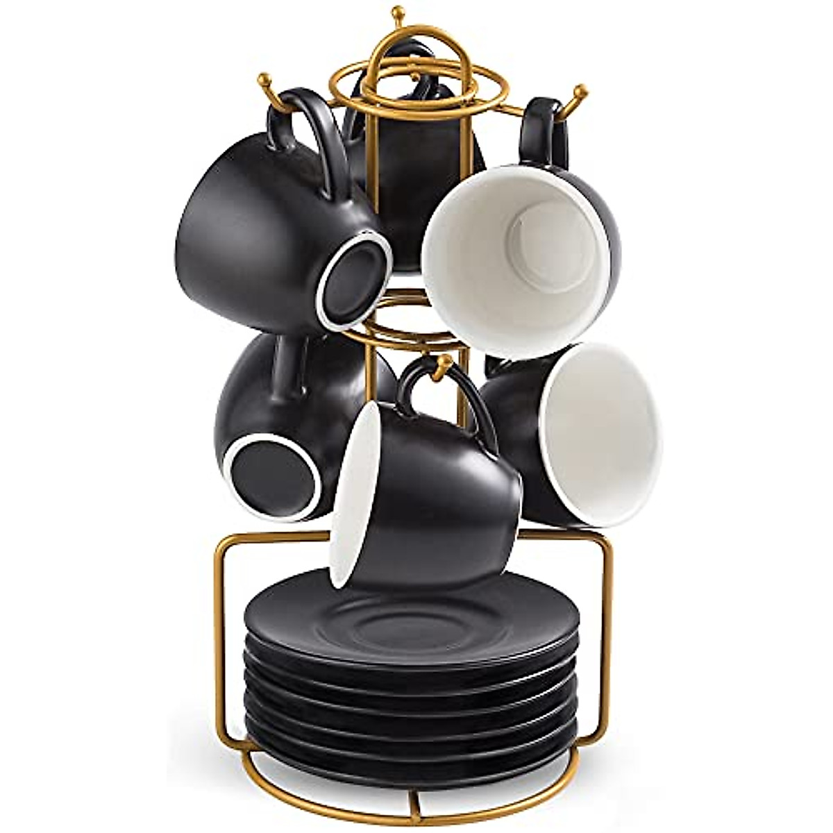 YHOSSEUN 3 Ounces Espresso Cups with Saucers Set, Porcelain Latte Cups and Metal Stand Demitasse Cups for Espresso, Latte, Cafe Mocha, Cappuccino and Tea, Set of 6, Black