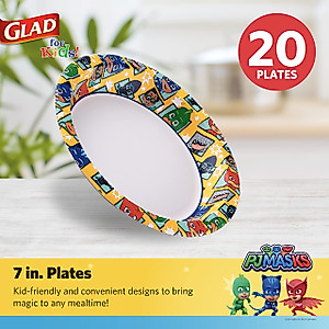 Glad for Kids 7 inch PJ Masks Comics Paper Plates, 20 Ct | Disposable Paper Plates with PJ Masks Superhero Comics Design | Heavy Duty Soak Proof Microwavable Paper Plates for Everyday Use