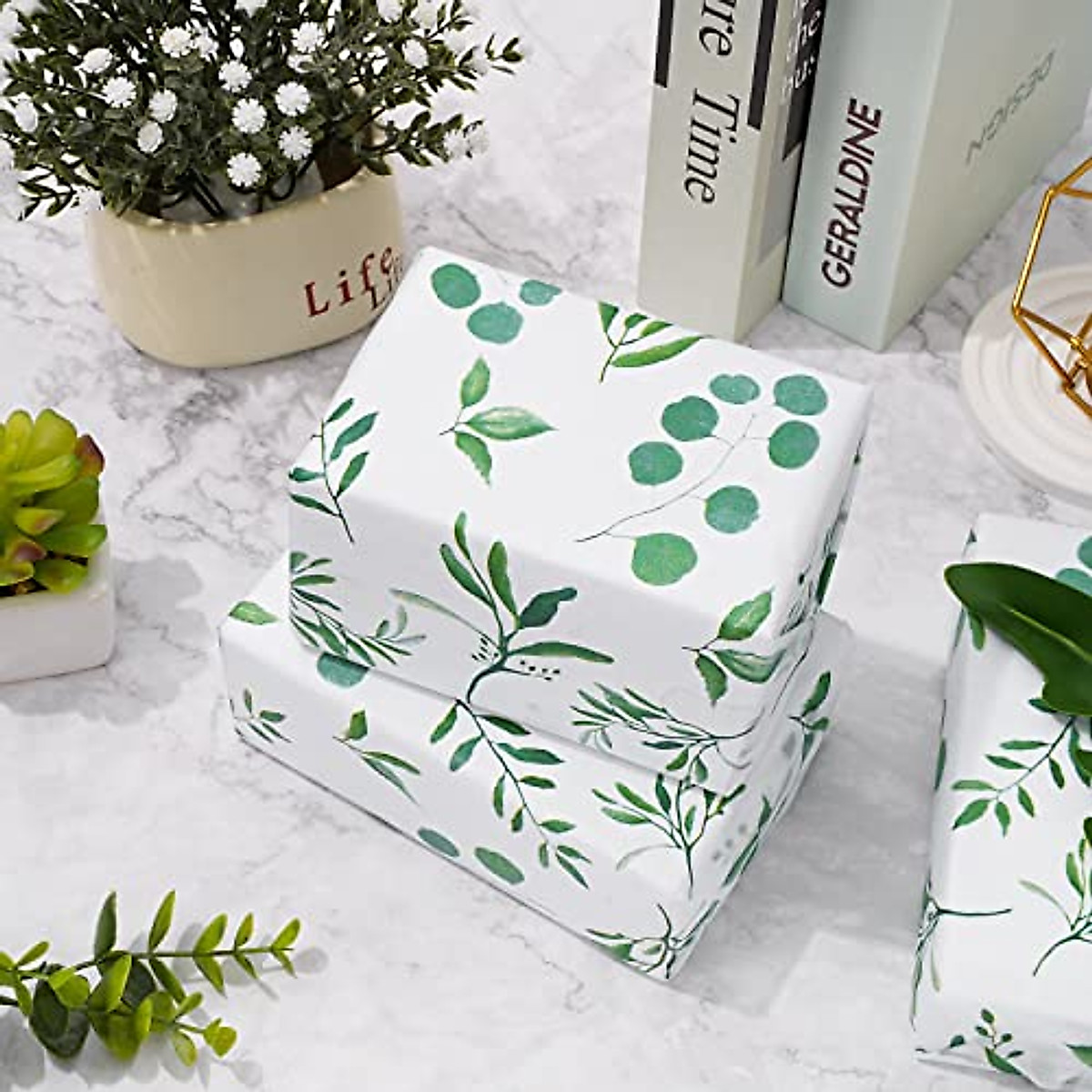 Whaline Eucalyptus Tissue Paper Greenery Wrapping Paper 14 x 20in Green Leaves Gift Wrapping Paper Art Paper for Jungle Safari Party Baby Bridal Shower Birthday Wedding Decor, 100 Sheet