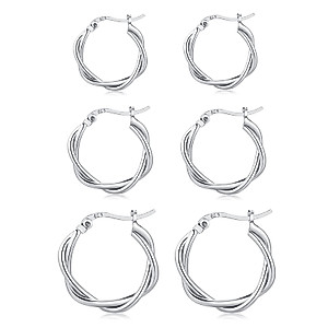 3 Pairs Small Silver Hoop Earrings for Women|925 Sterling Silver earrings|14K White Gold Plated Small Hoop Earrings Set| Twisted Silver Earrings for Women Men 13/20/25