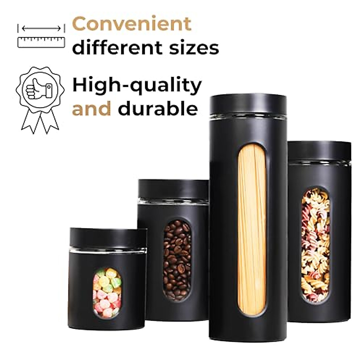 JS Gourmet 4 Pcs Stainless Steel Canisters Set for Kitchen with Glass Window and Airtight Lid, Perfect for Storing Coffee, Spaghetti, Sugar, Beans and Dry Ingredients (Black)