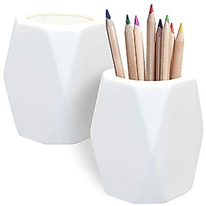 2 Pack Ceramic Pencil Holder,White Geometric Pen Cup Makeup Brush Holder for Girls Women,Desk Accessories Holder,Durable Desktop Organizer Pen Holder Ideal Gift for Office Home (White)
