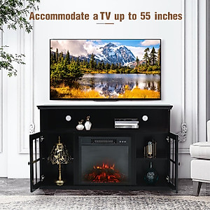MFSTUDIO Farmhouse Electric Fireplace TV Stand for TV's Up to 55" Media Entertainment Center Console with Insert Fireplace and Adjustable Shelves Storage Cabinet Chest for Living Room, Black