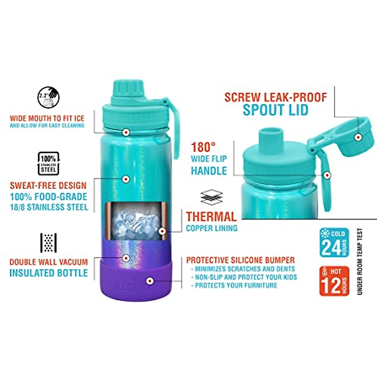 CHILLOUT LIFE 17 oz Kids Insulated Water Bottle for School with Leakproof Spout Lid and Cute Waterproof Stickers, Personalized Stainless Steel Thermos Flask Metal Water Bottle for Girls & Boys