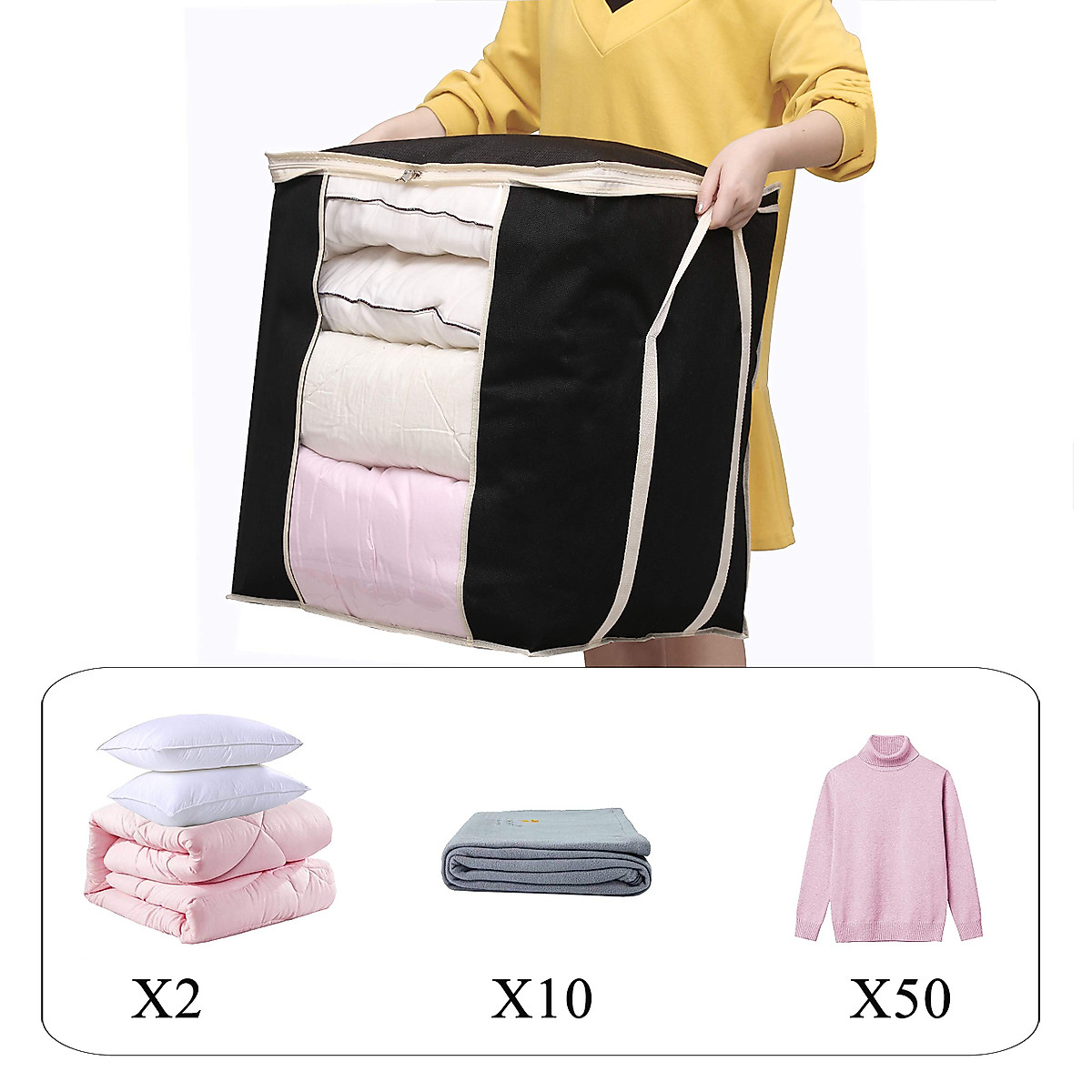 MISSLO King Comforters Storage Bag 120L for Blankets Clothes Sweaters Beddings Organizer with Reinfored Handles Non-Metal Fabric Storage Bin Organizer, Black