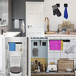 VETAID Towel Bar Self Adhesive Bathroom Towel Holder with 2 Pack Towel Hooks 15.6-Inch Stick on Wall Towel Rack No Drill Bath Towel Holder Sticky Towel Hanger Black